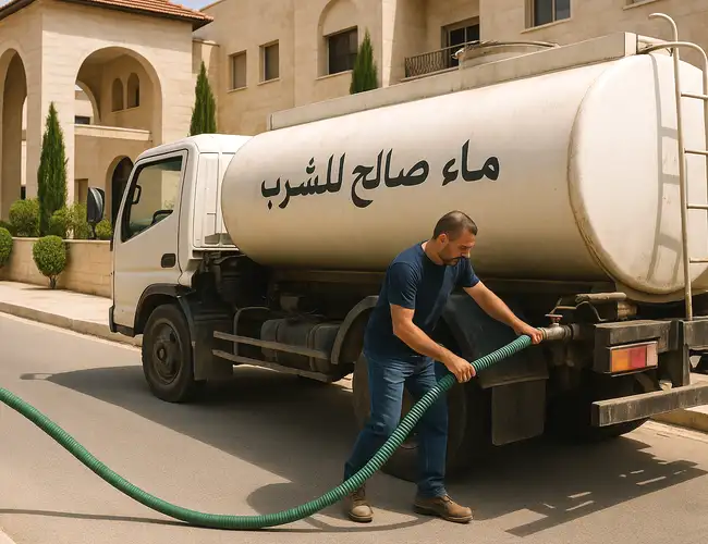 Water truck delivering clean drinking water to a residential area in ...