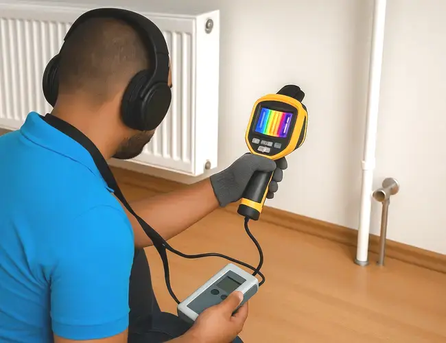 Plumber using a thermal imaging device to detect hidden water leaks in ...